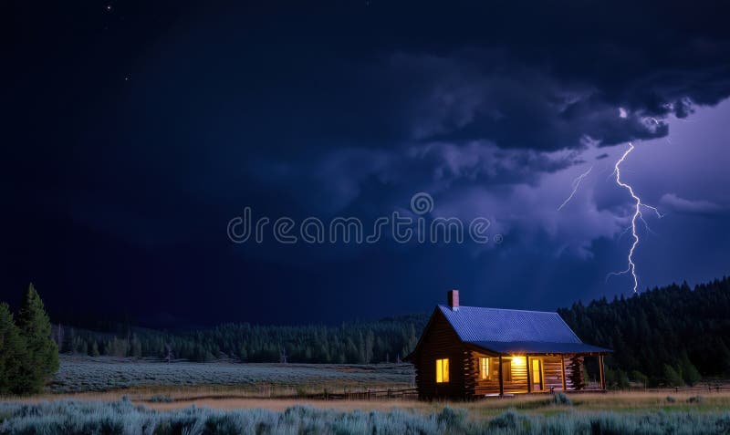 Lightning Storm Illuminating Cabin, Dark Night Sky, Dramatic Clouds ...