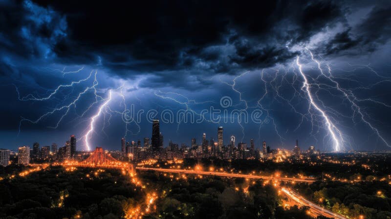 Lightning Storm Illuminating Chicago Skyline at Night Stock ...