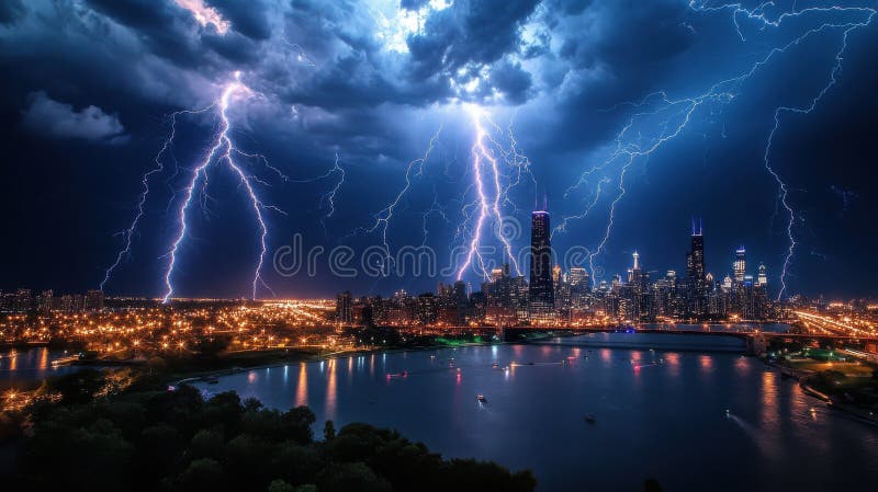 Lightning Storm Illuminating Chicago Skyline at Night Stock ...