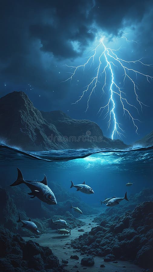 Lightning Storm Illuminating Deep-sea Creatures Stock Illustration ...