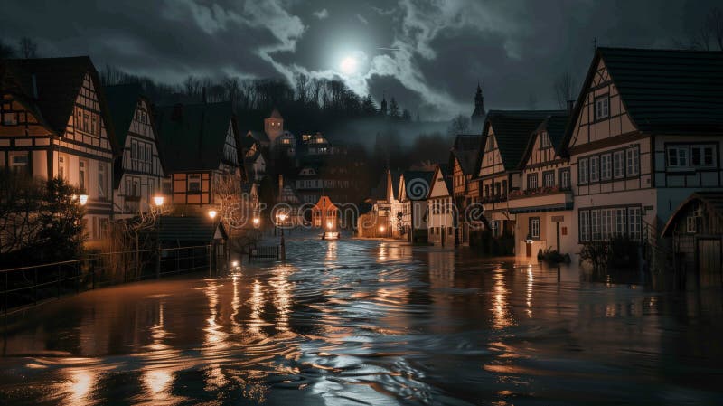 Lightning Storm Illuminating a Flooded German Village at Night, with ...