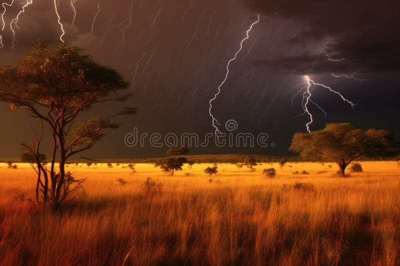 Lightning Storm Illuminating the Vast Savanna Stock Illustration ...