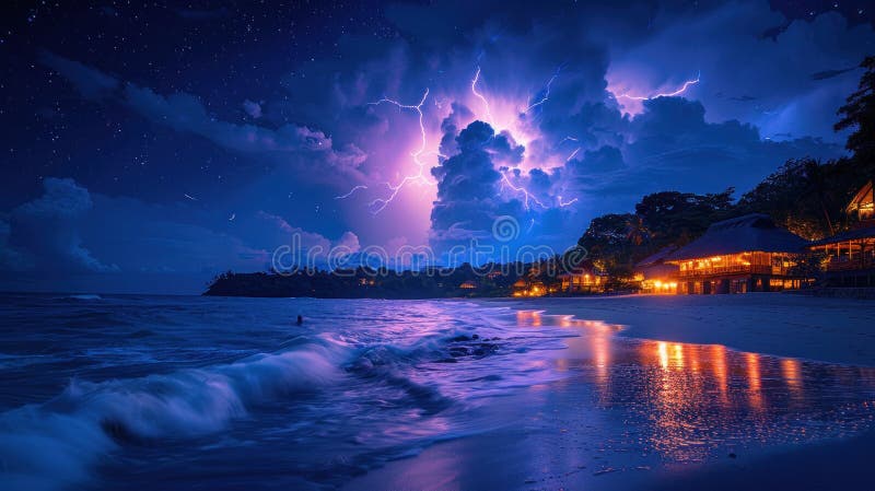 Lightning Storm Over Beach at Night Stock Photo - Image of thunder ...