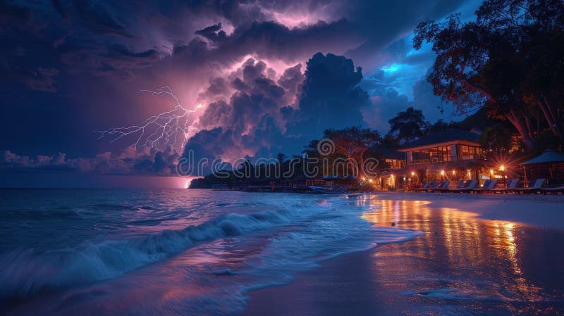 Lightning Storm Over Beach at Night Stock Photo - Image of coast ...