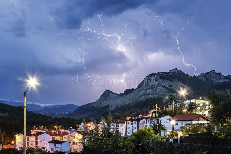 Lightning Storm Over the City in Blue Light Stock Image - Image of road ...