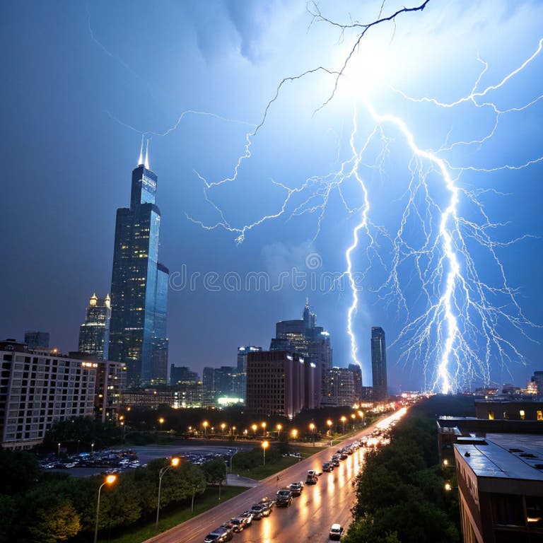 Lightning Storm Over City in Blue Light Stock Illustration ...