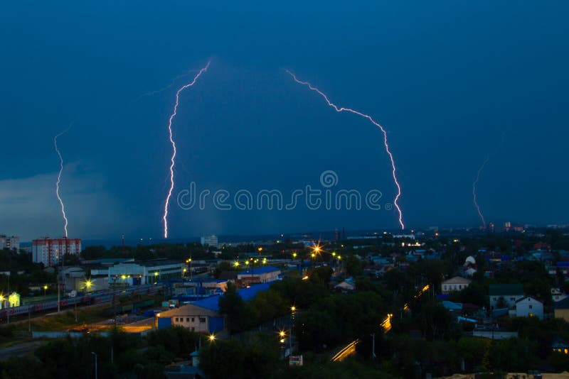 Lightning Storm Over City in Blue Light Stock Image - Image of city ...