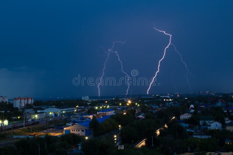 Lightning Storm Over City in Blue Light Stock Photo - Image of extreme ...