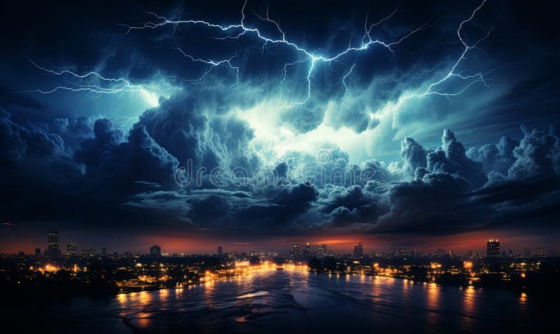 Lightning Storm Over City at Night Stock Image - Image of environment ...