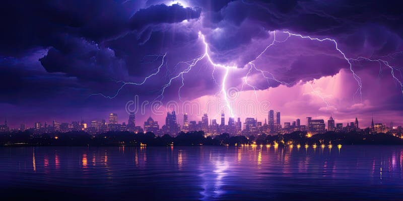Lightning Storm Over City in Purple Light Stock Illustration ...