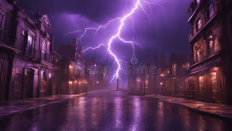Lightning Storm Over City in Purple Light Stock Illustration ...