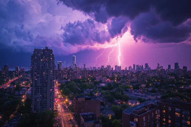 Lightning Storm Over City Skyline at Night Captured in Dramatic Scene Stock Image - Image of ...
