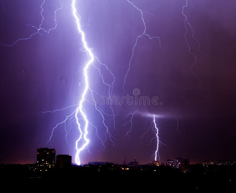 Lightning Storm Over City, Thunderbolt Stock Photo - Image of strike ...