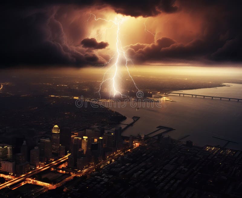 Lightning Storm Over City. Thunderbolt in a Night City Landscape ...