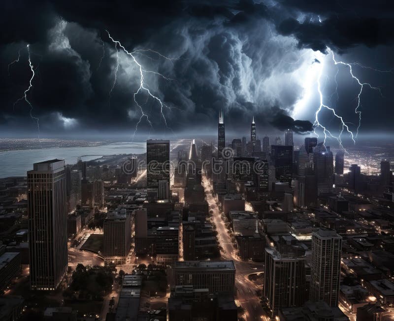 Lightning Storm Over City. Thunderbolt in a Night City Landscape ...