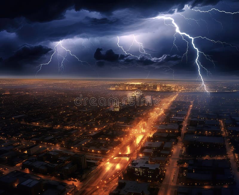 Lightning Storm Over City. Thunderbolt in a Night City Landscape ...