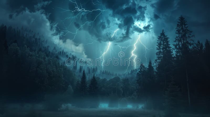 Lightning Storm Over a Dark Forest Stock Image - Image of weather ...