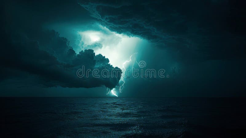 Lightning Storm Over a Dark Ocean with Dramatic Clouds. Weather and ...