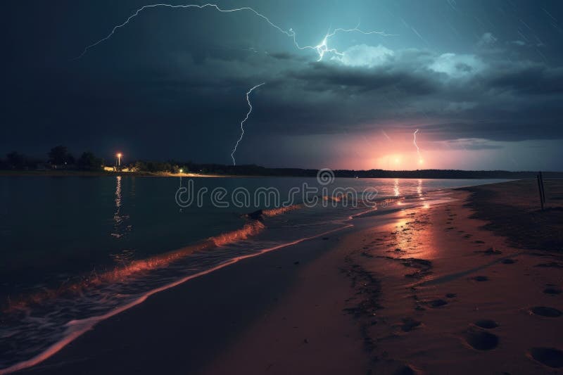 Lightning Storm Over a Deserted Beach at Night Stock Illustration ...
