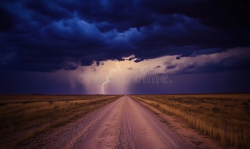 Lightning Storm Over Dirt Road, Dramatic Clouds, Open Landscape Stock ...