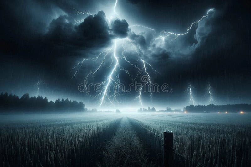 Lightning Storm Over Field at Night. Stock Illustration - Illustration ...