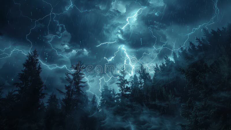 Lightning Storm Over Forest at Night Stock Photo - Image of majestic ...