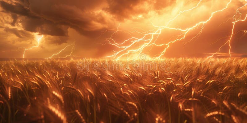 Lightning Storm Over Golden Wheat Field. Created by Generative ...