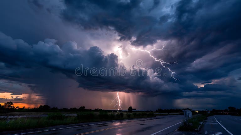 Lightning Storm Over Highway: Dramatic Thunderhead Illuminates Night ...