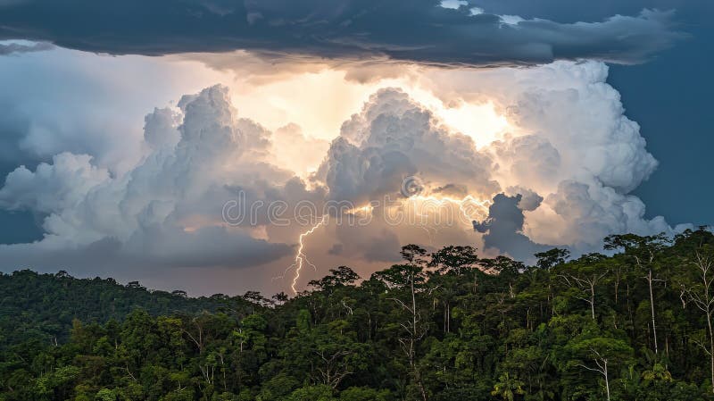 Lightning Storm Over Lush Green Rainforest Stock Image - Image of ...