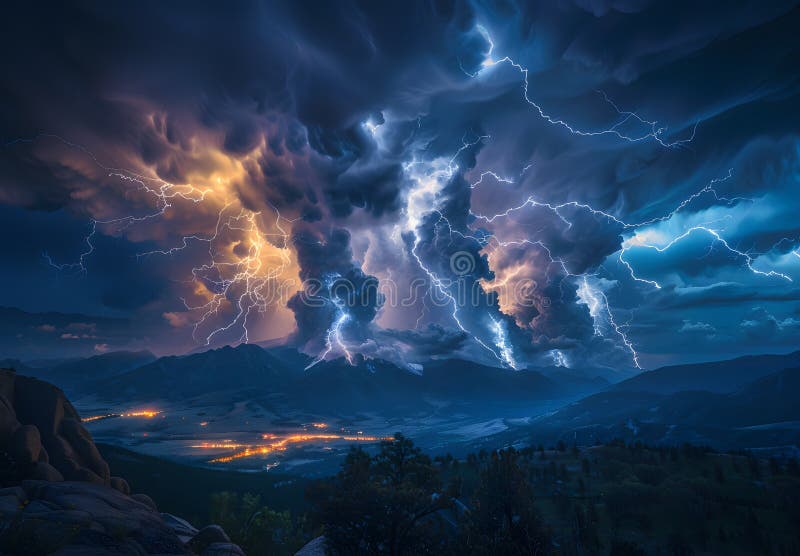 Lightning Storm Over Mountains - Aerial View Stock Illustration ...