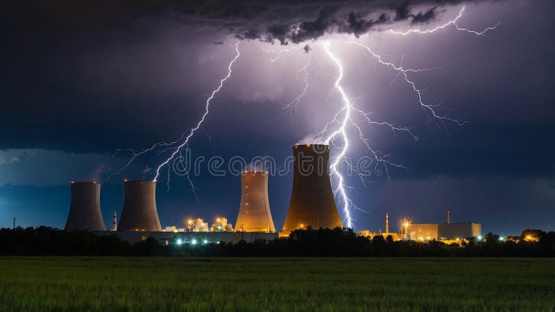 Lightning Storm Over a Nuclear Power Plant with Dramatic Clouds and ...