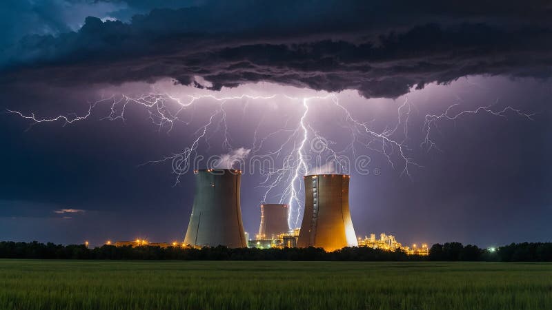 Lightning Storm Over a Nuclear Power Plant with Dramatic Clouds and ...