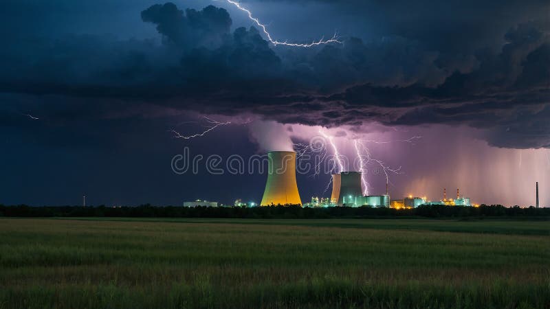 Lightning Storm Over a Nuclear Power Plant with Dramatic Clouds and ...