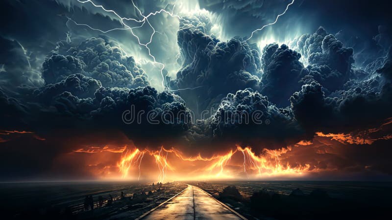 A Lightning Storm Over the Ocean with a Bright Orange Lightening, "a ...