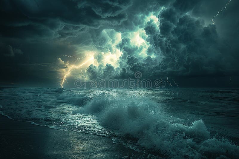 A Lightning Storm Over the Ocean Stock Image - Image of excitement ...