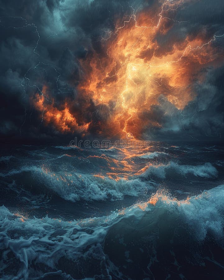 A Lightning Storm Over the Ocean Stock Image - Image of observation ...