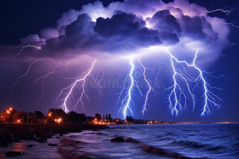 Lightning Storm Over the Ocean at Night Stock Illustration ...
