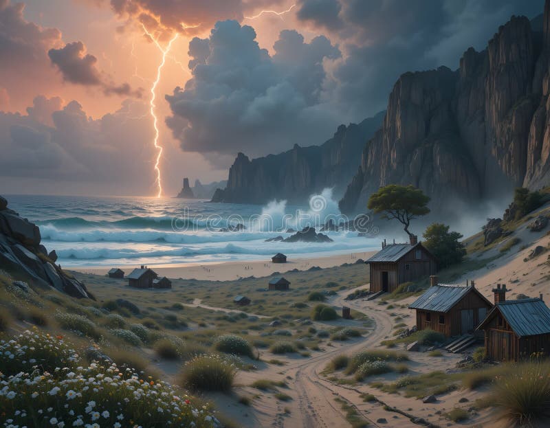 Lightning Storm Over Ocean with Rustic Cabins on Sandy Coast Stock ...