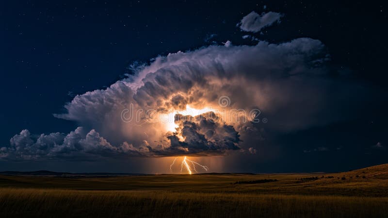 Lightning Storm Over Open Fields at Night, Dramatic Sky. Nature Power ...