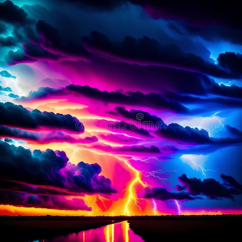 Lightning Storm Over a River at Night Stock Illustration - Illustration ...