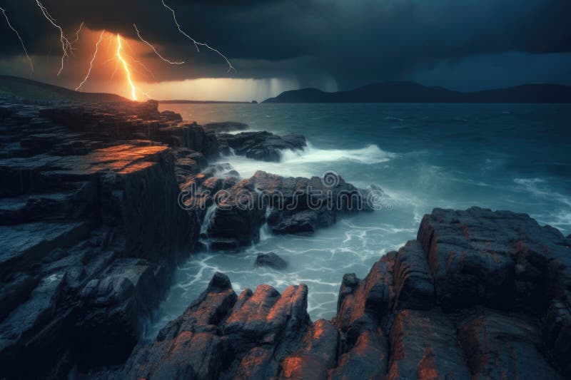 Lightning Storm Over a Rocky Ocean Coastline Stock Illustration ...