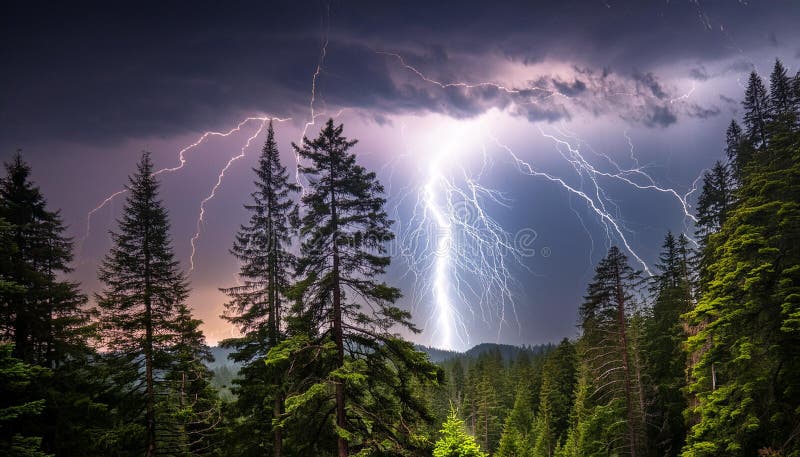 A Lightning Storm Over a Serene Forest, with Electric Currents Visibly ...