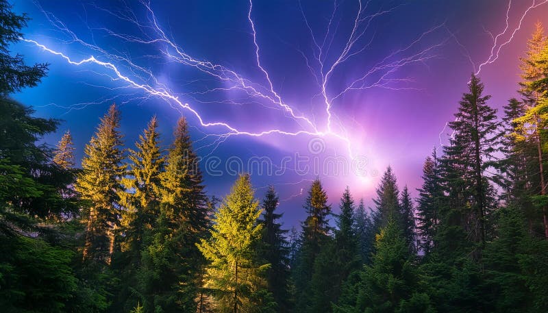 A Lightning Storm Over a Serene Forest, with Electric Currents Visibly ...