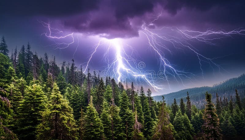 A Lightning Storm Over a Serene Forest, with Electric Currents Visibly ...