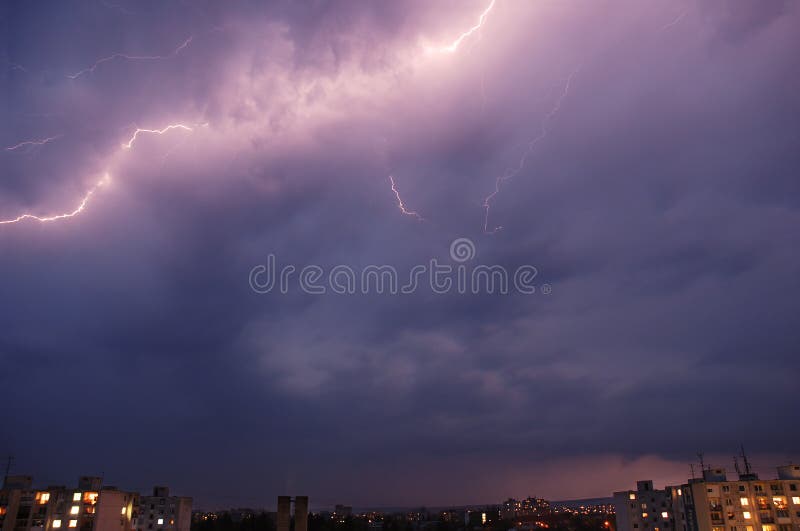 Lightning Storm Over a Town Stock Image - Image of electricity, purple ...