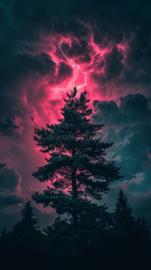 Lightning Storm Over Tree at Night, Dramatic Sky with Pink ...