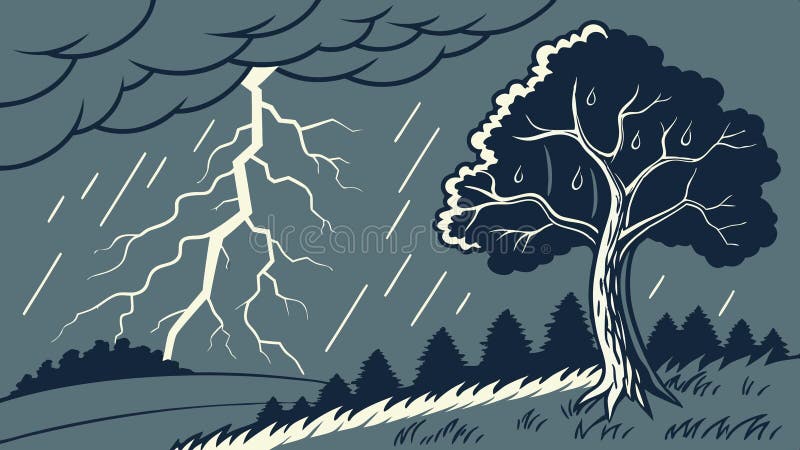 Lightning Storm Over Tree, Weather and Nature Illustration Vector ...