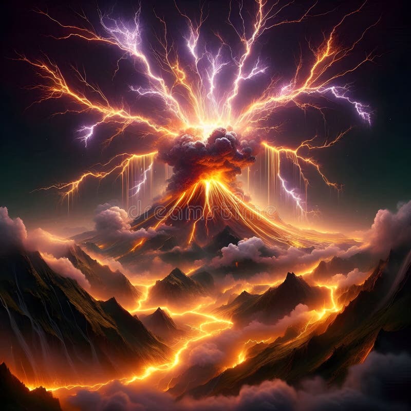 Lightning Storm Over Volcano. Stock Illustration - Illustration of clouds, force: 323934011