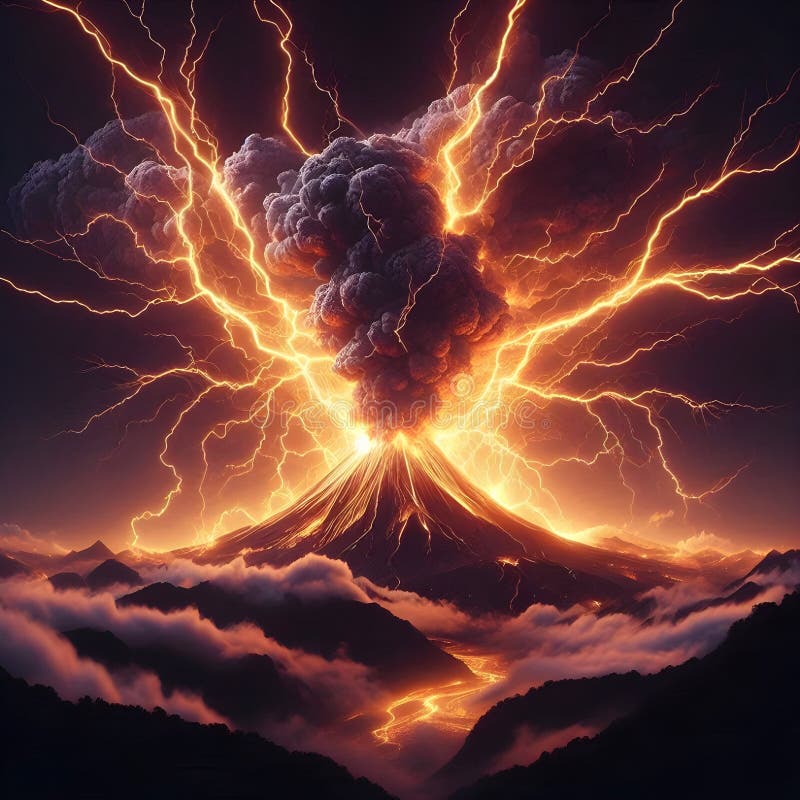 Lightning Storm Over Volcano. Stock Illustration - Illustration of ...