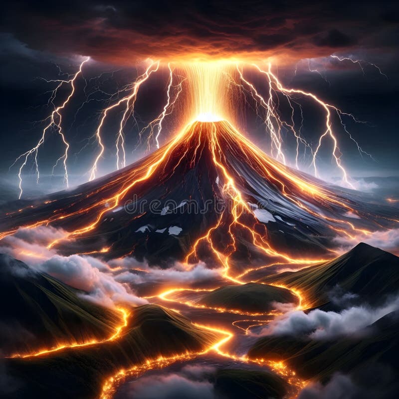 Lightning Storm Over Volcano. Stock Illustration - Illustration of ...